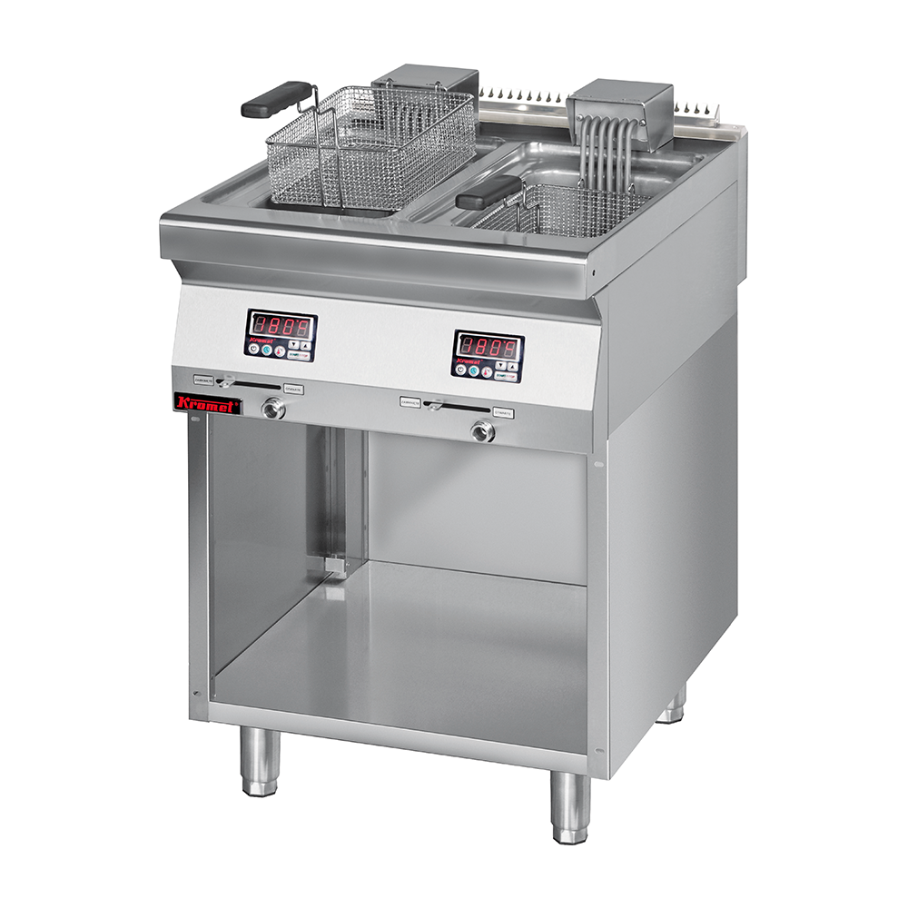 700.FE-2x10f.S 2x8l 16kW electric deep fryer on an open cabinet base ...