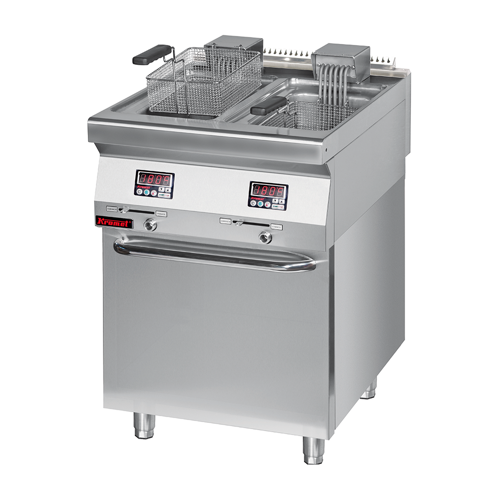 700.FE-2x10f.S.D 2x8l 16kW electric deep fryer on a closed cabinet base ...